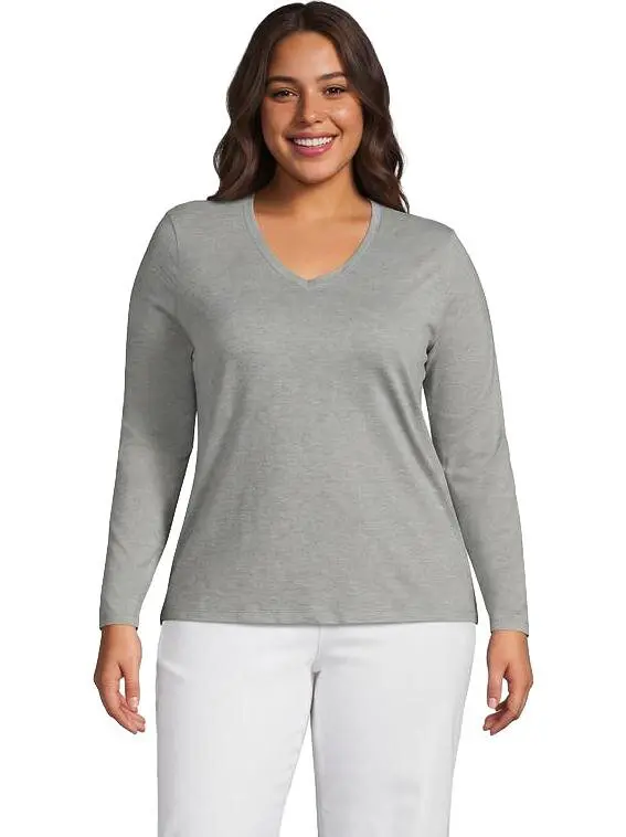 LANDS' END Supima Cotton Long Sleeve V-neck T-shirt - Gray Heather