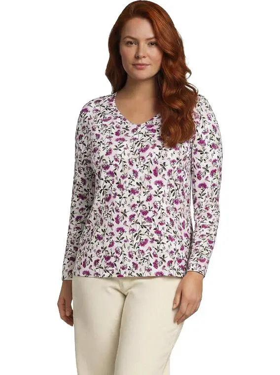 LANDS' END Supima Cotton Long Sleeve V-neck T-shirt - Ivory/pink Hydrangea