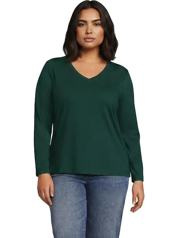 LANDS' END Supima Cotton Long Sleeve V-neck T-shirt - Pine