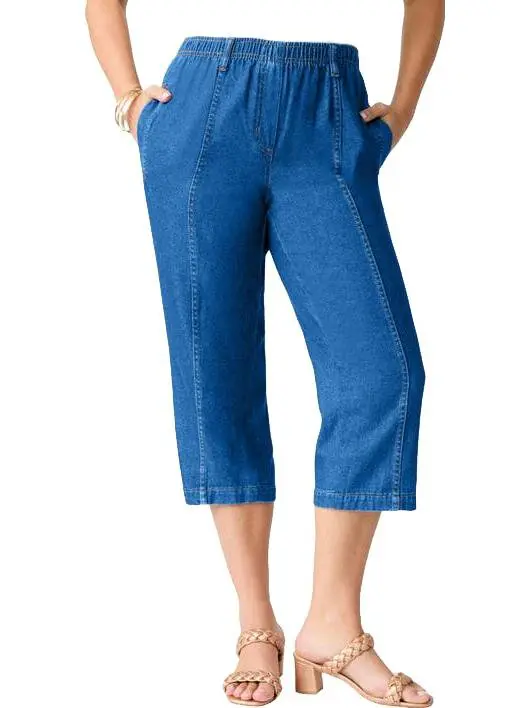 Roaman's Easy Wear Straight Leg Capri - Medium Wash