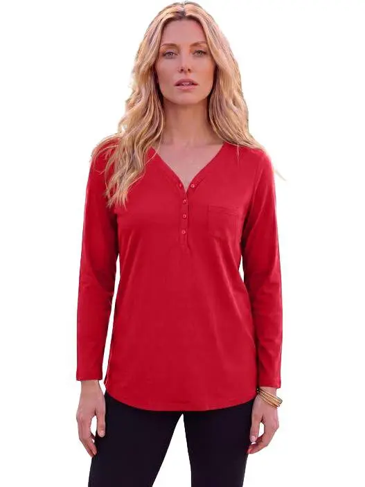 Roaman's Long Sleeve Sweetheart Henley Tee With Pocket - Classic Red