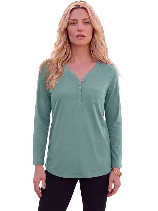 Roaman's Long Sleeve Sweetheart Henley Tee With Pocket - Cool Sage