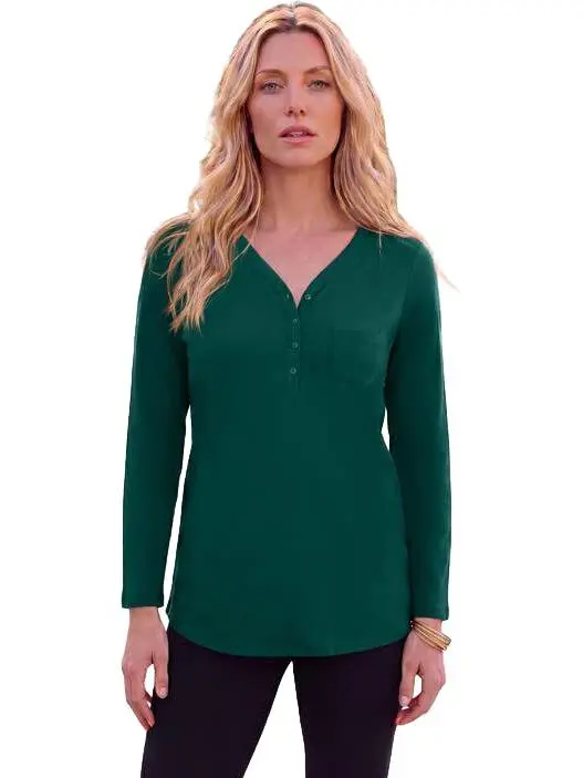 Roaman's Long Sleeve Sweetheart Henley Tee With Pocket - Emerald Green