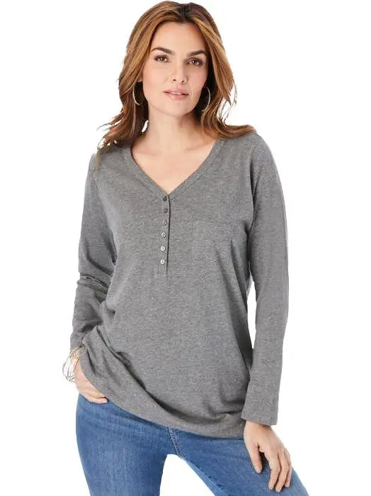 Roaman's Long Sleeve Sweetheart Henley Tee With Pocket - Medium Heather Grey