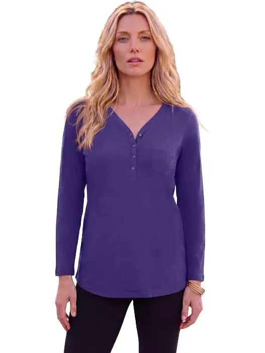 Roaman's Long Sleeve Sweetheart Henley Tee With Pocket - Midnight Violet