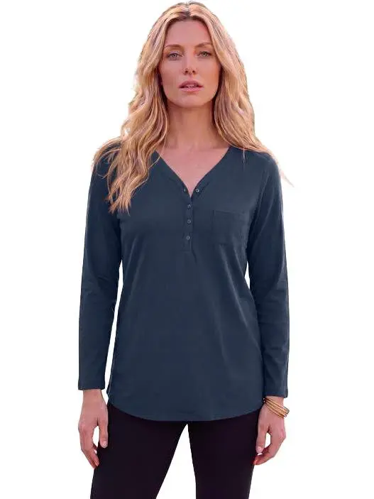 Roaman's Long Sleeve Sweetheart Henley Tee With Pocket - Navy