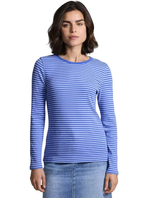 LANDS' END Long Sleeve Micro Rib T-shirt - Muted Cobalt/sky Stripe