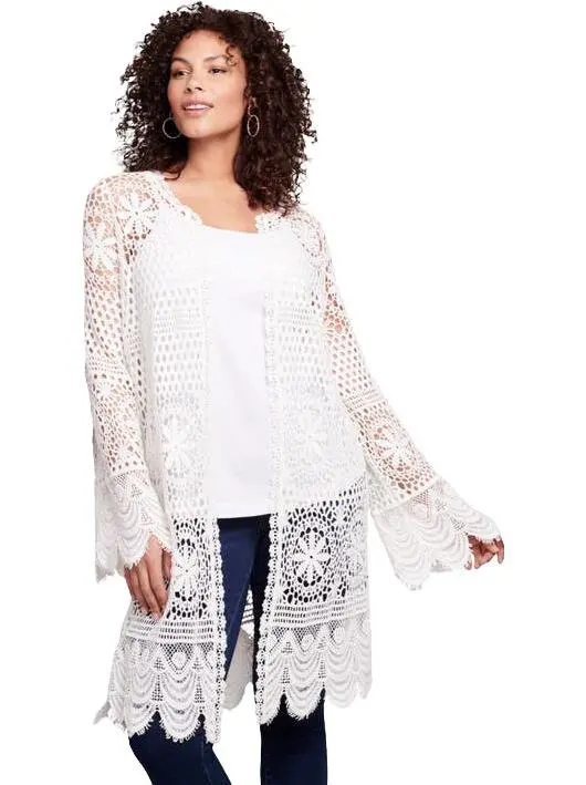Roaman's Floral Lace Crochet Duster - Ivory