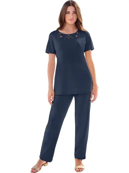 Roaman's Eyelet Cutout T-shirt - Navy
