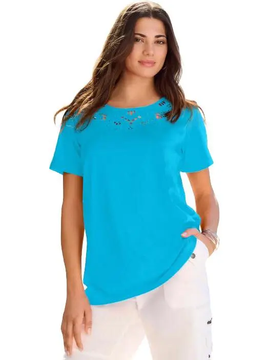 Roaman's Eyelet Cutout T-shirt - Ocean