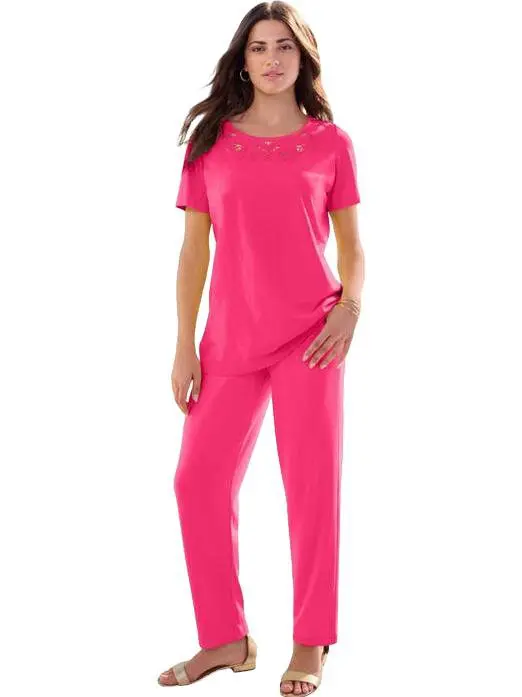 Roaman's Eyelet Cutout T-shirt - Pink Burst