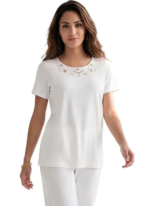 Roaman's Eyelet Cutout T-shirt - White