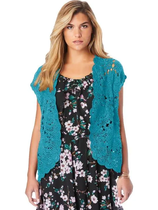 Roaman's Scallop Trim Crochet Cardigan Sweater - Deep Turquoise