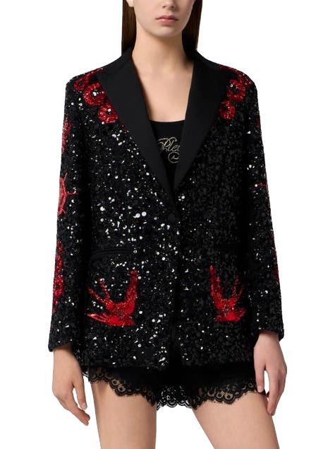 Philipp Plein Boyfriend's Fit Blazer Butterfly Tattoo Paillettes - Black