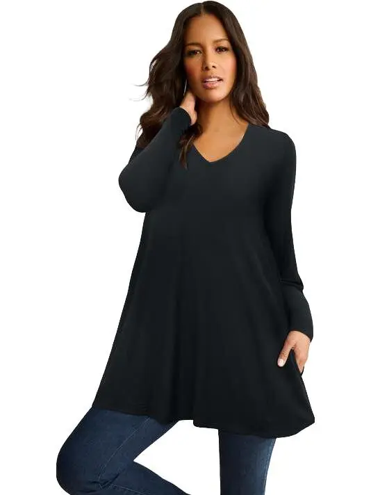 Roaman's Ultra Drape V-neck Swing Tunic With Pockets - Black