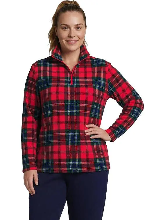 LANDS' END Fleece Pullover - Compass Red/pine Plaid