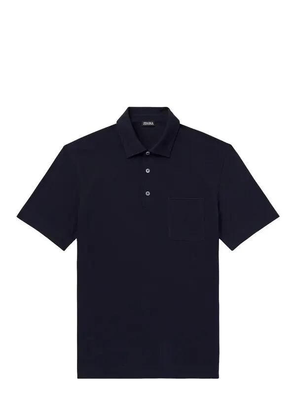 Zegna Leather-trimmed Cotton-piqué Polo Shirt - Blue