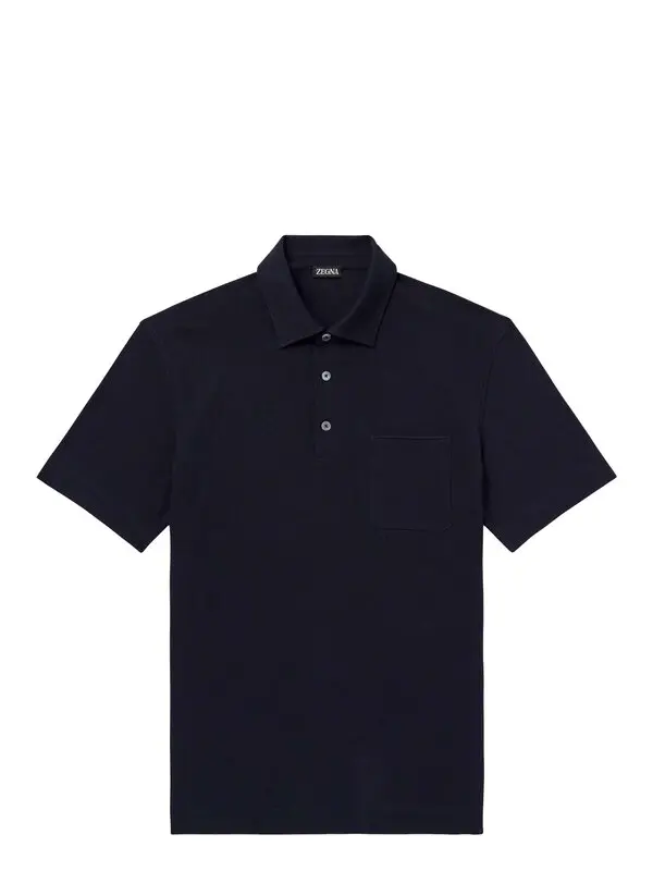 Zegna Leather-trimmed Cotton-piqué Polo Shirt - Navy