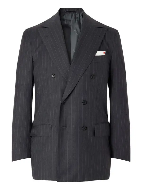 Kiton Double-breasted Pinstriped Wool Suit Jacket - Gray