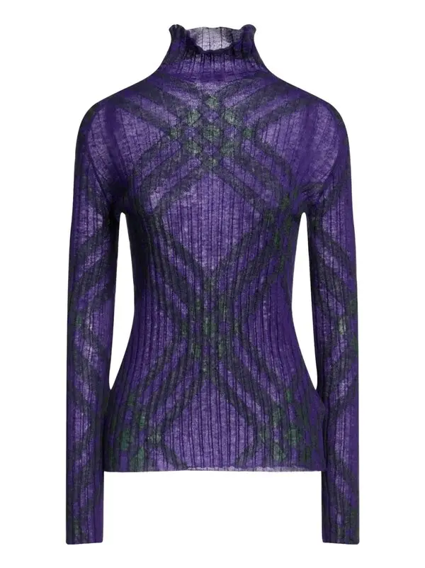 Burberry Ribbed-knit Two-tone Turtleneck Long Sleeve Top - Blue