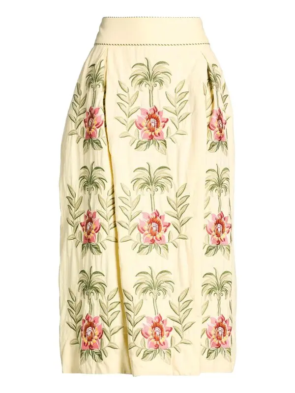 Farm Rio Embroidered Floral Midi Skirt - Nude