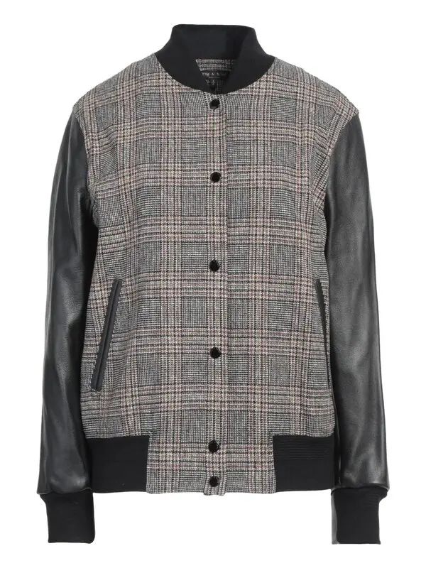 Rag & Bone Plaid Baseball Jacket With Leather Sleeves - Black