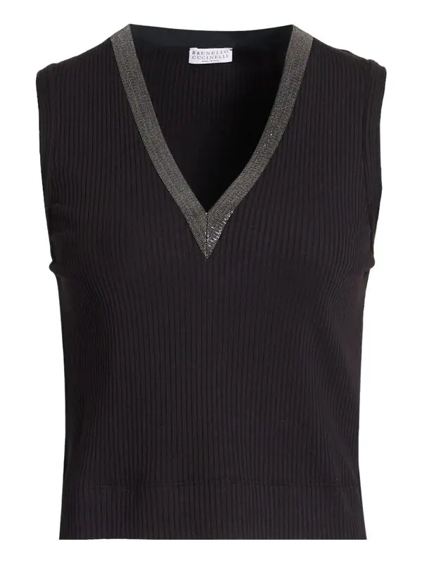 Brunello Cucinelli Ribbed Knit Sleeveless Top With Sparkling Trim - Black