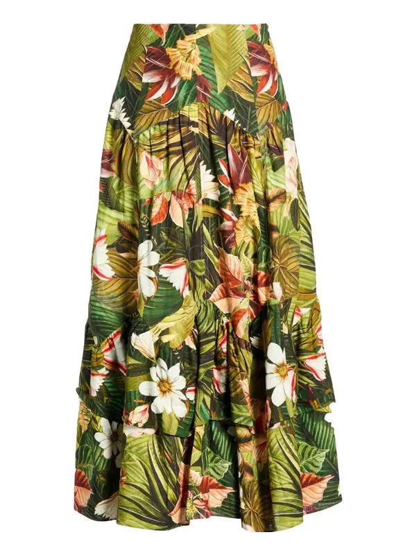 Farm Rio Floral Print Tiered Midi Skirt - No