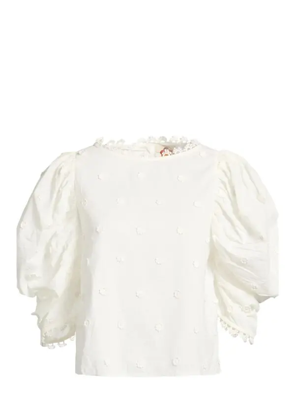 Farm Rio Puff Sleeve Appliqué Top - White