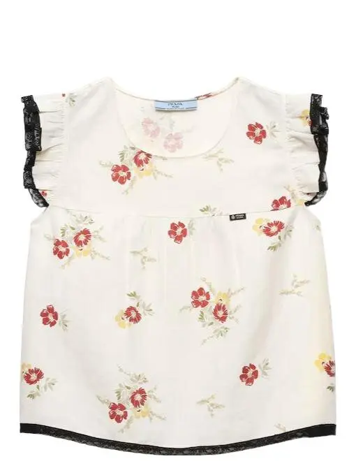 Prada Linen Top With Floral Motif - Ruby Red