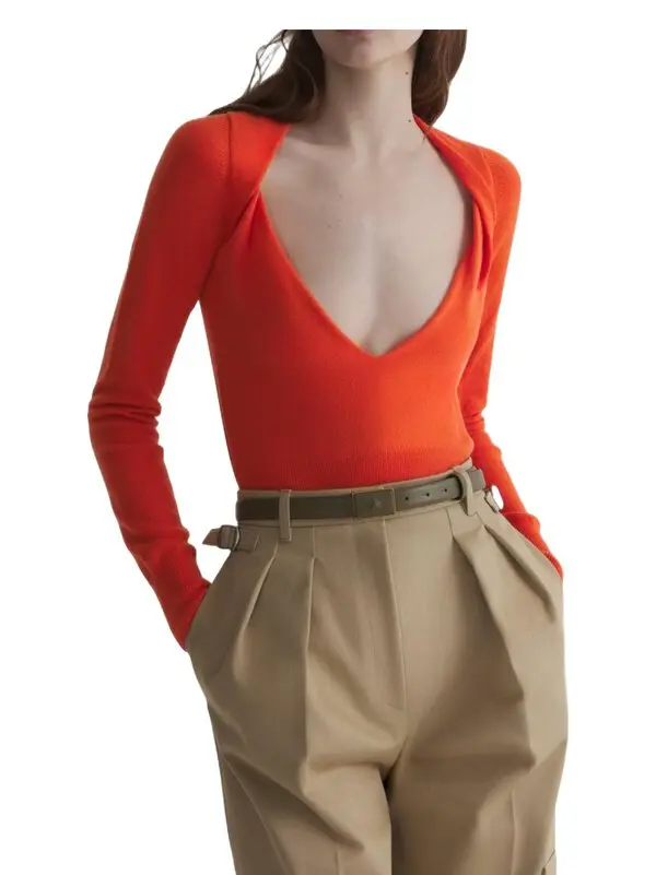 MUGLER Cropped Cashmere V-neck Knit Top - Orange