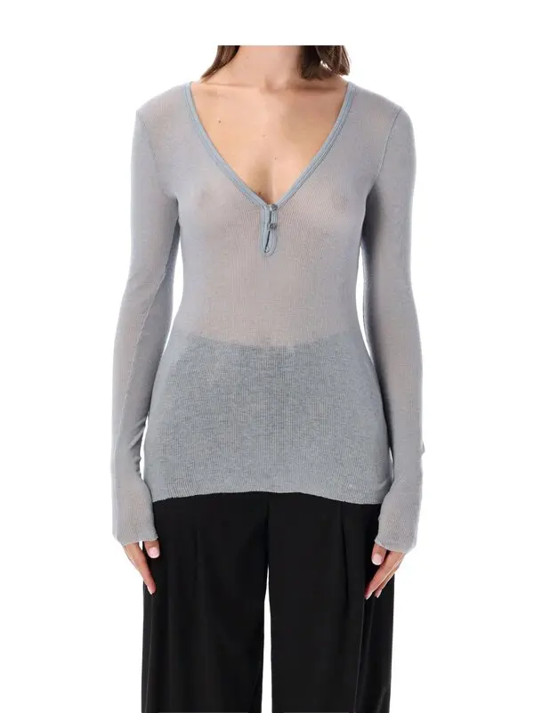 JAMES PERSE Ribbed Henley Knitted Top - Grey