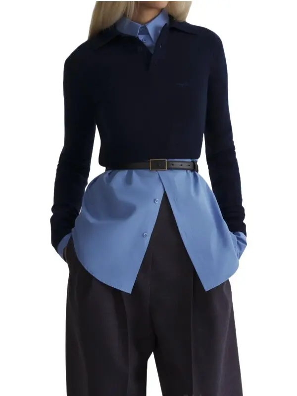 MUGLER Cashmere Cropped Polo Top - Black
