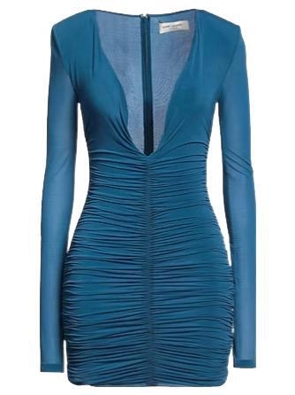 Saint Laurent Sheath Dress With Deep Plunge Neckline And Long Sleeves - Blue