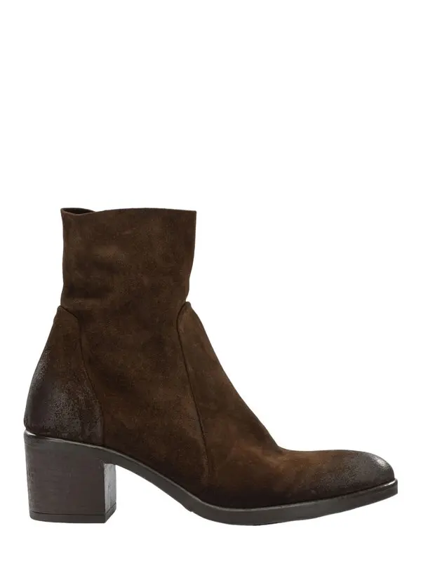 STRATEGIA Mid Heel Block Ankle Boots With Zip Up And Distressed Texture - Brown