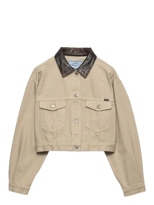 Prada Cropped Denim Jacket With Suede Trim - Sand