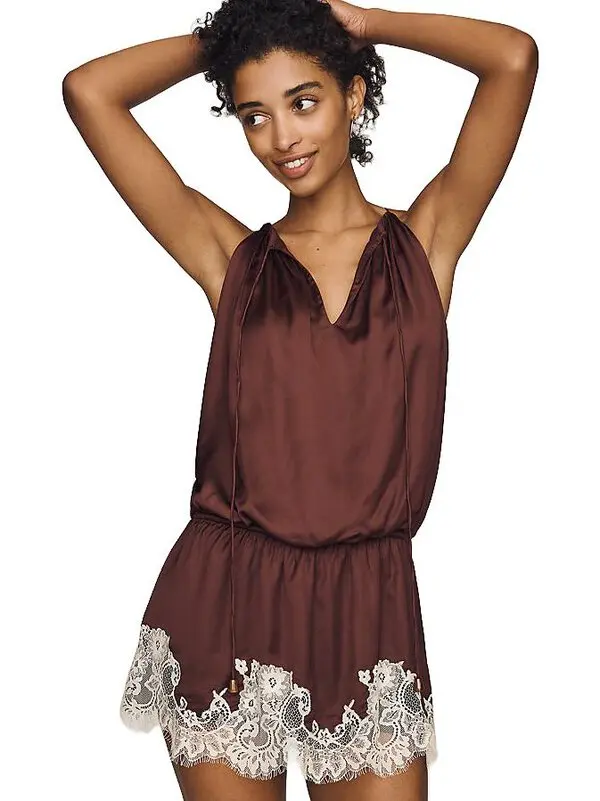 Rococo Sand Lace Trim Halter Mini Dress - Bordeaux