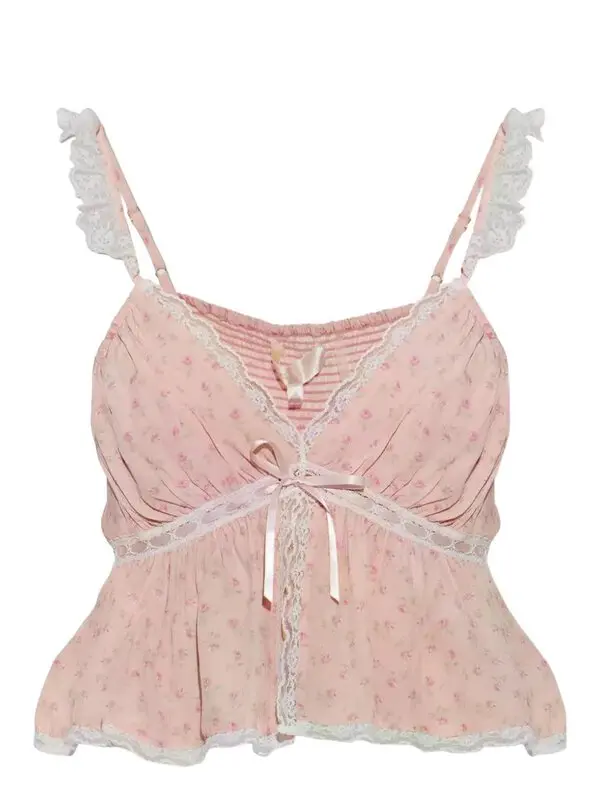 LoveShackFancy Nicoleta Floral-print Lace-trimmed Top - Pink