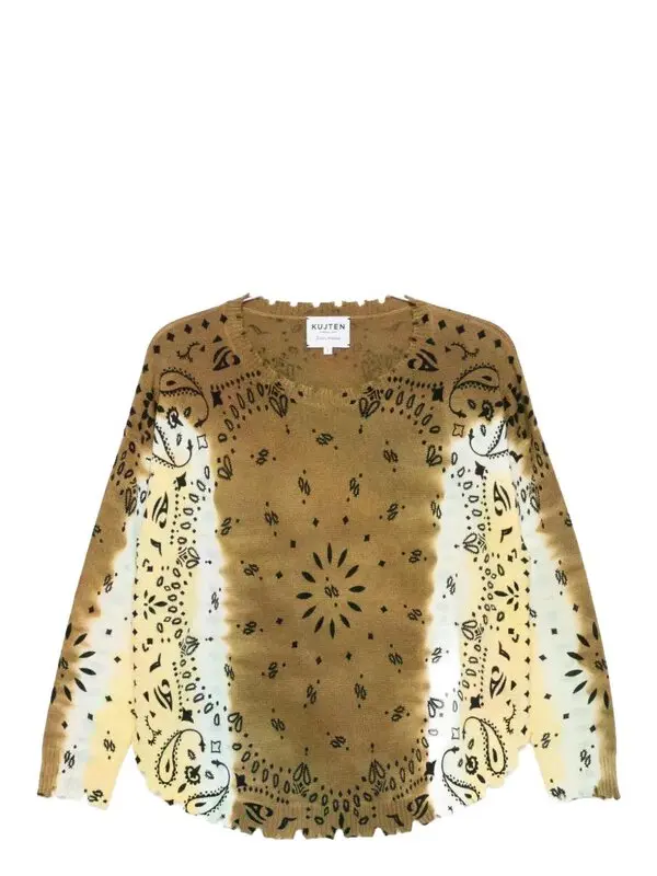 KUJTEN Bandana Print Distressed Sweater - Brown