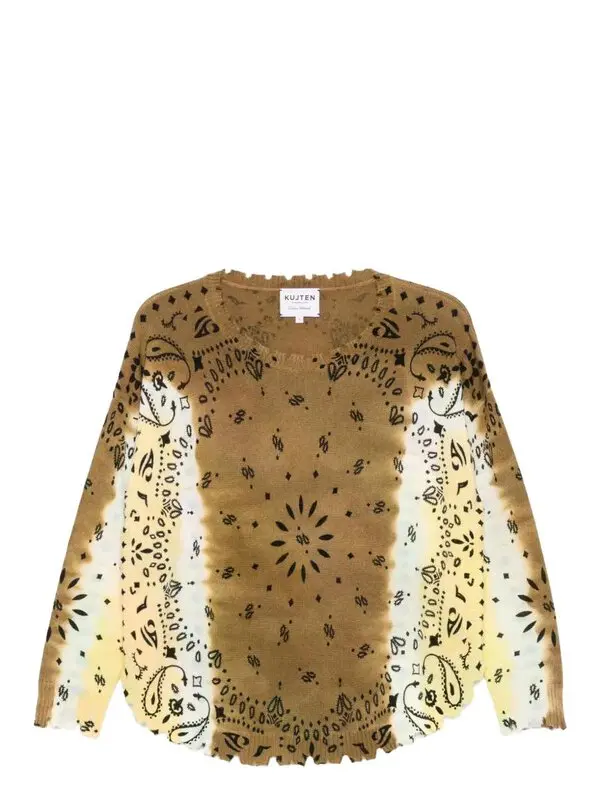 KUJTEN Bandana Print Distressed Sweater - Brown