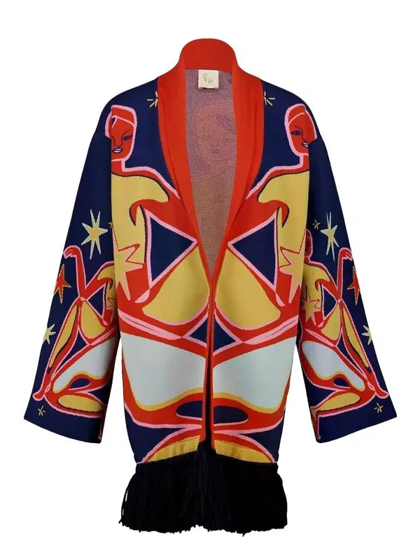 PAULA Jacquard Fringed Cardigan - Blue