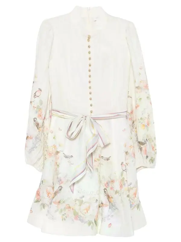 Zimmermann Floral Print High Neck Mini Dress - Neutrals