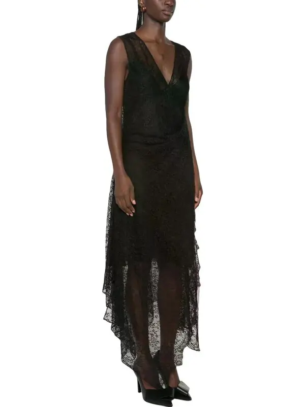 Fendi Lace Asymmetric Hem V-neck Sleeveless Dress - Black