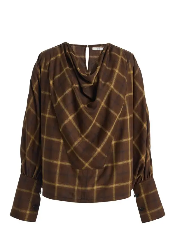 Co Check Plaid Draped Tunic Top - Brown