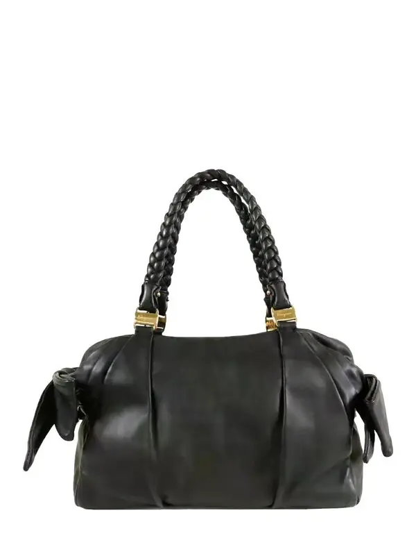 FERRAGAMO Calfskin Vara Braided Handle Shoulder Bag - Black