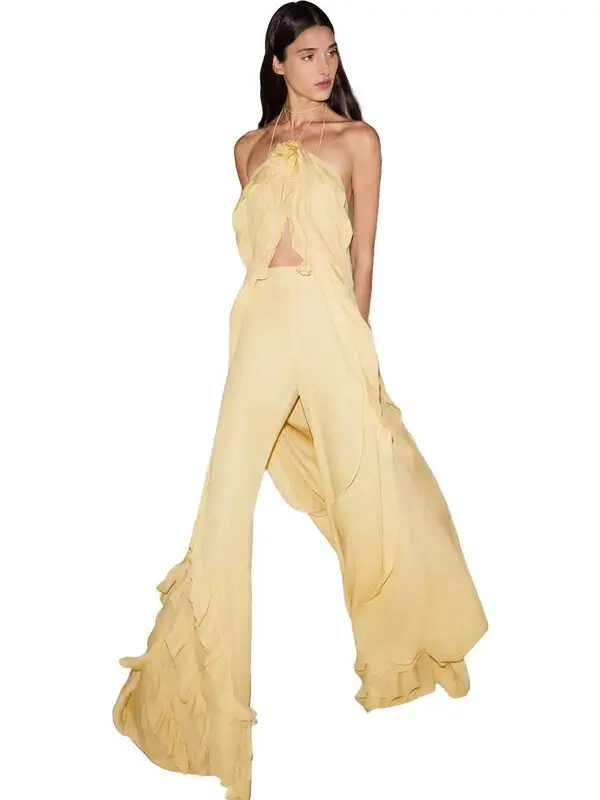 Alexis Paige Halter Neck Top With Ruffled Flare Pants - Yellow