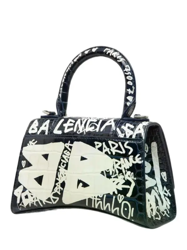 Balenciaga Croc Embossed Calfskin Graffiti Hourglass Top Handle Satchel - Blue