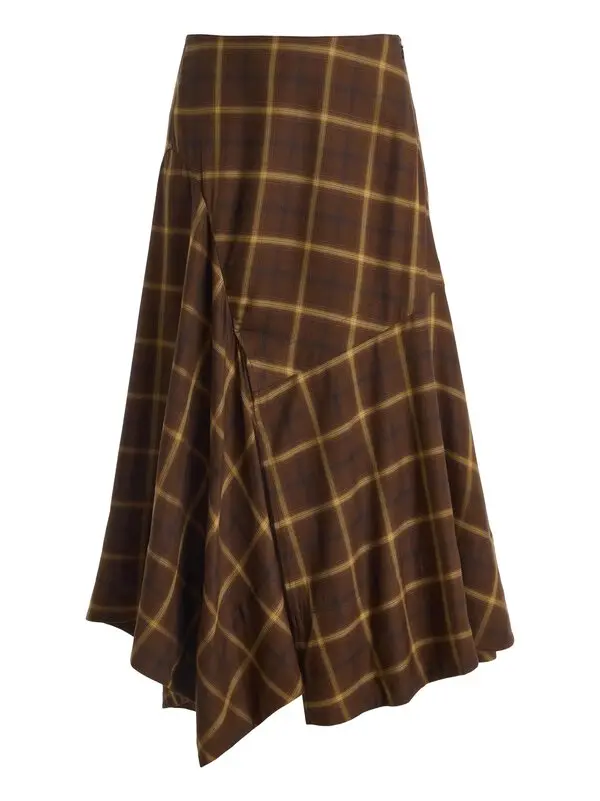 Co Asymmetrical Plaid Full Skirt - Brown