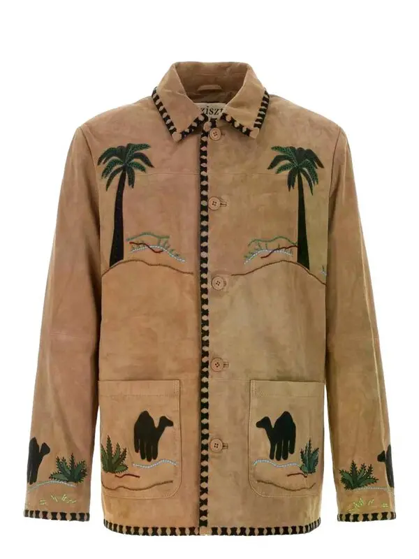 BAZISZT Bazinzt Embroidered Leather Jacket - Brown