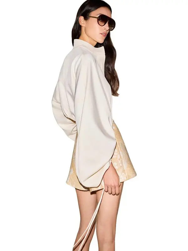 Alexis Caro Leather Cropped Shirt With Drawstring Sleeves - Ivory